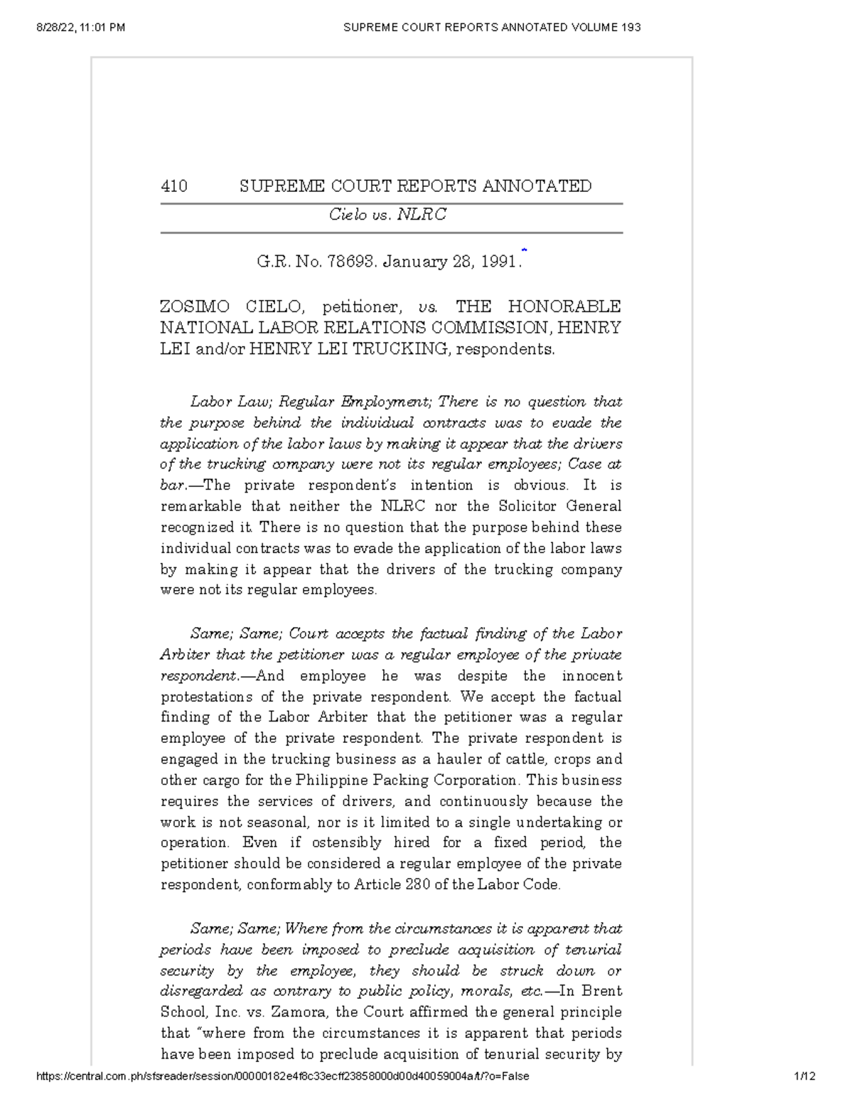 32 - Case Law - 410 SUPREME COURT REPORTS ANNOTATED Cielo vs. NLRC G ...