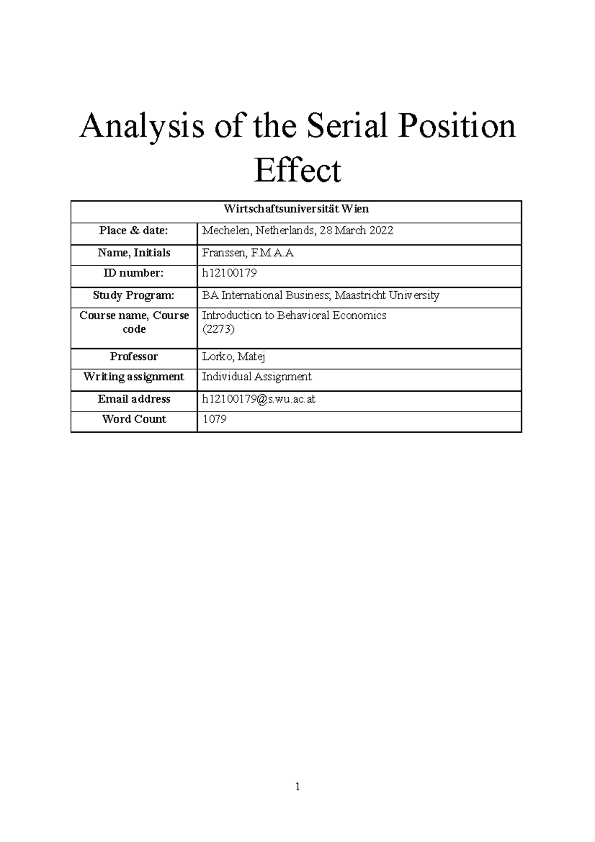 The Serial Position Effect essay - Analysis of the Serial Position ...