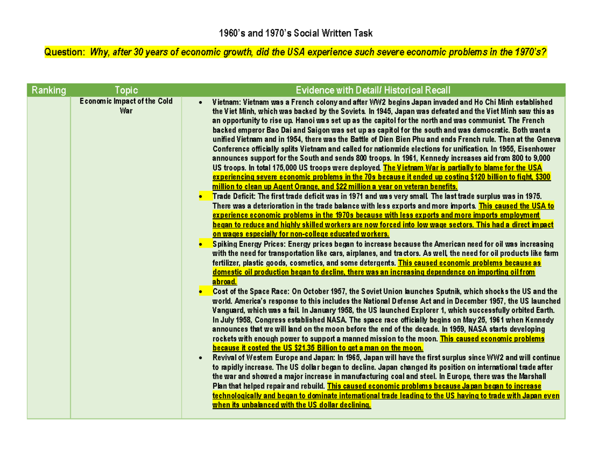 1960s-70s Economic Written Task PART 2 - 19 60’s and 1970’s Social ...