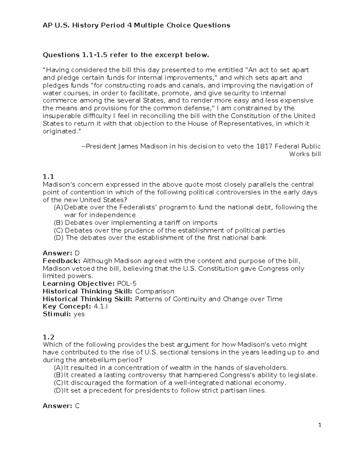 Period 4 New AP Multiple Choice Bank - Questions 1.1-1 refer to the ...