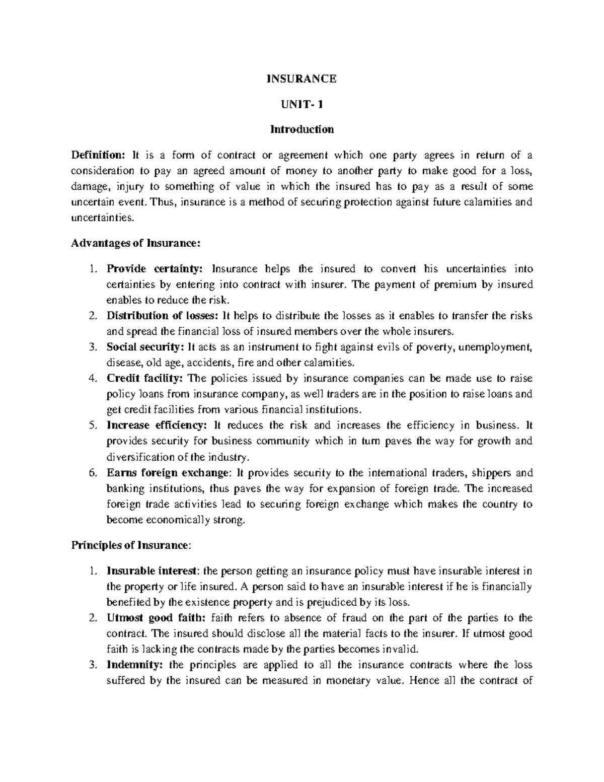 Insurance Notes - expect much more - INSURANCE UNIT- 1 Introduction ...