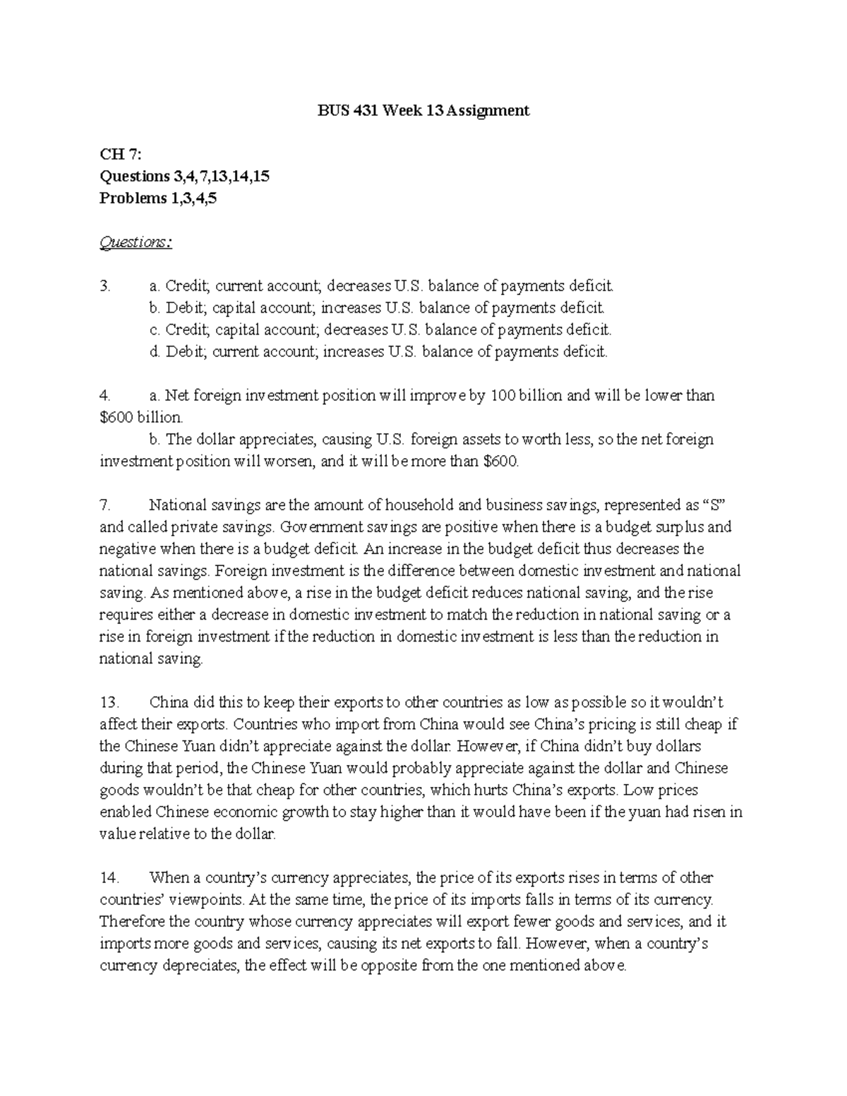 Week 13 Homework - Week 13 Assignment - BUS 431 Week 13 Assignment CH 7 ...