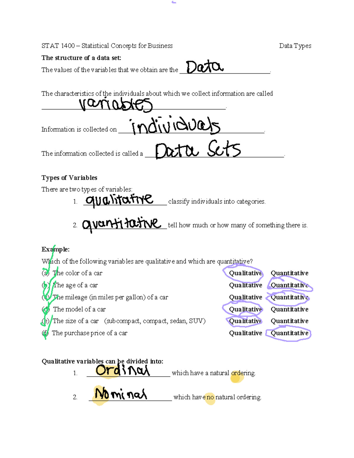 STAT 1400 Data Types - instructor -Karen starin Unit 1 - STAT 1400 – Statistical Concepts for ...