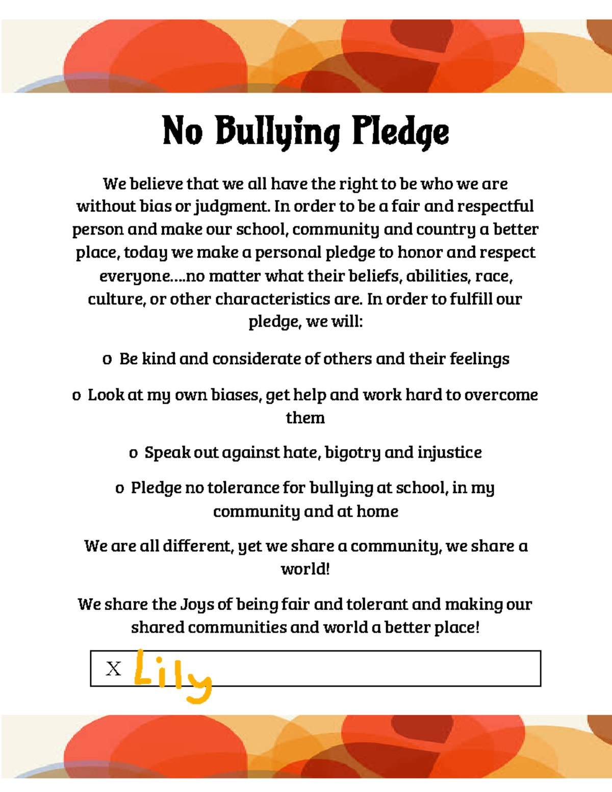 [Template] No Bullying Pledge - Google Docs - No Bullying Pledge We ...