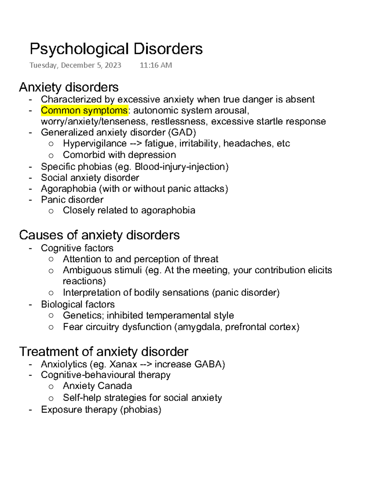Psy100 - Psychological Disorders - Anxiety disorders Characterized by excessive anxiety when ...