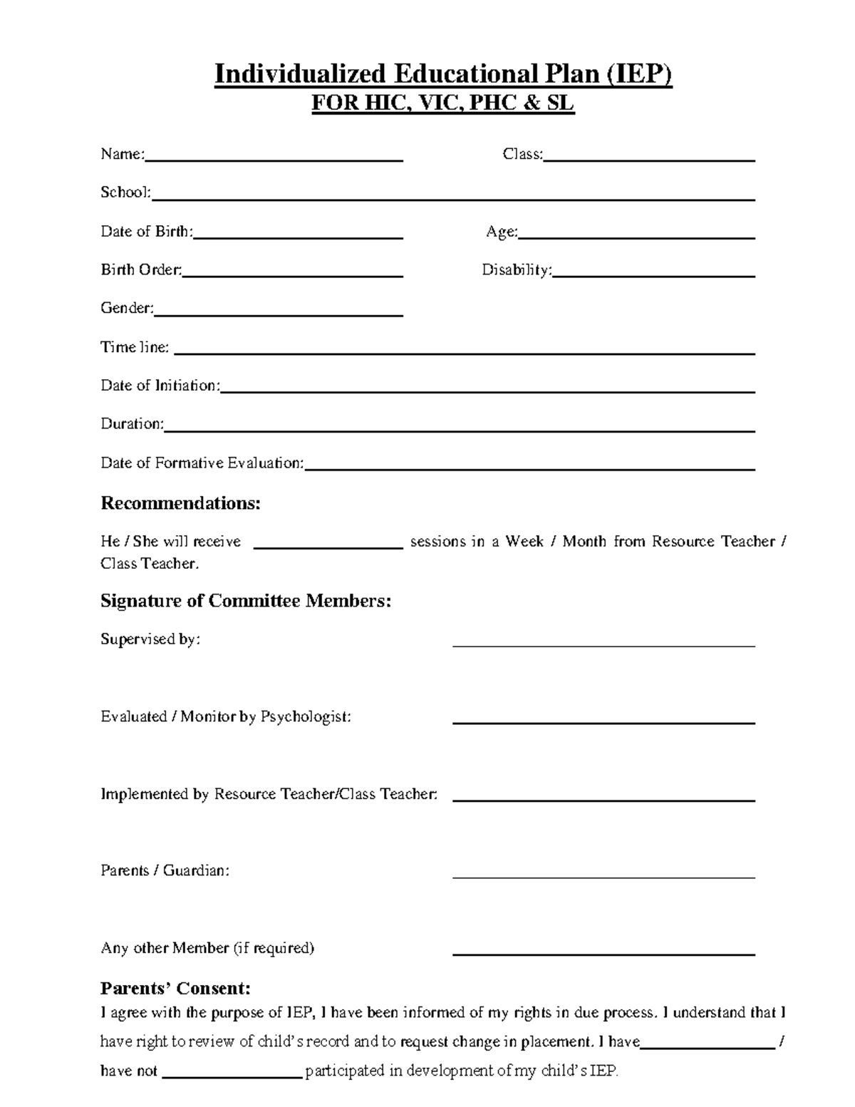 HI - notes - Individualized Educational Plan (IEP) FOR HIC, VIC, PHC ...