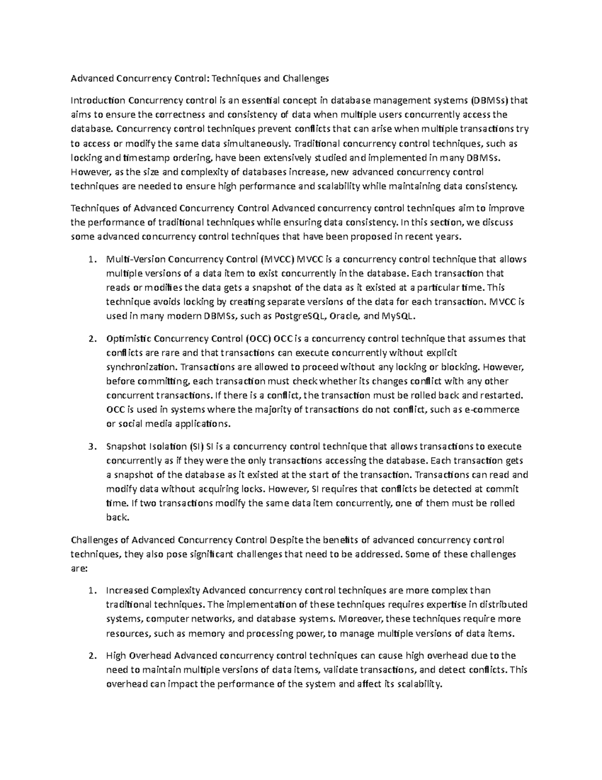 Advanced Concurrency Control - Concurrency control techniques prevent conflicts that can arise ...