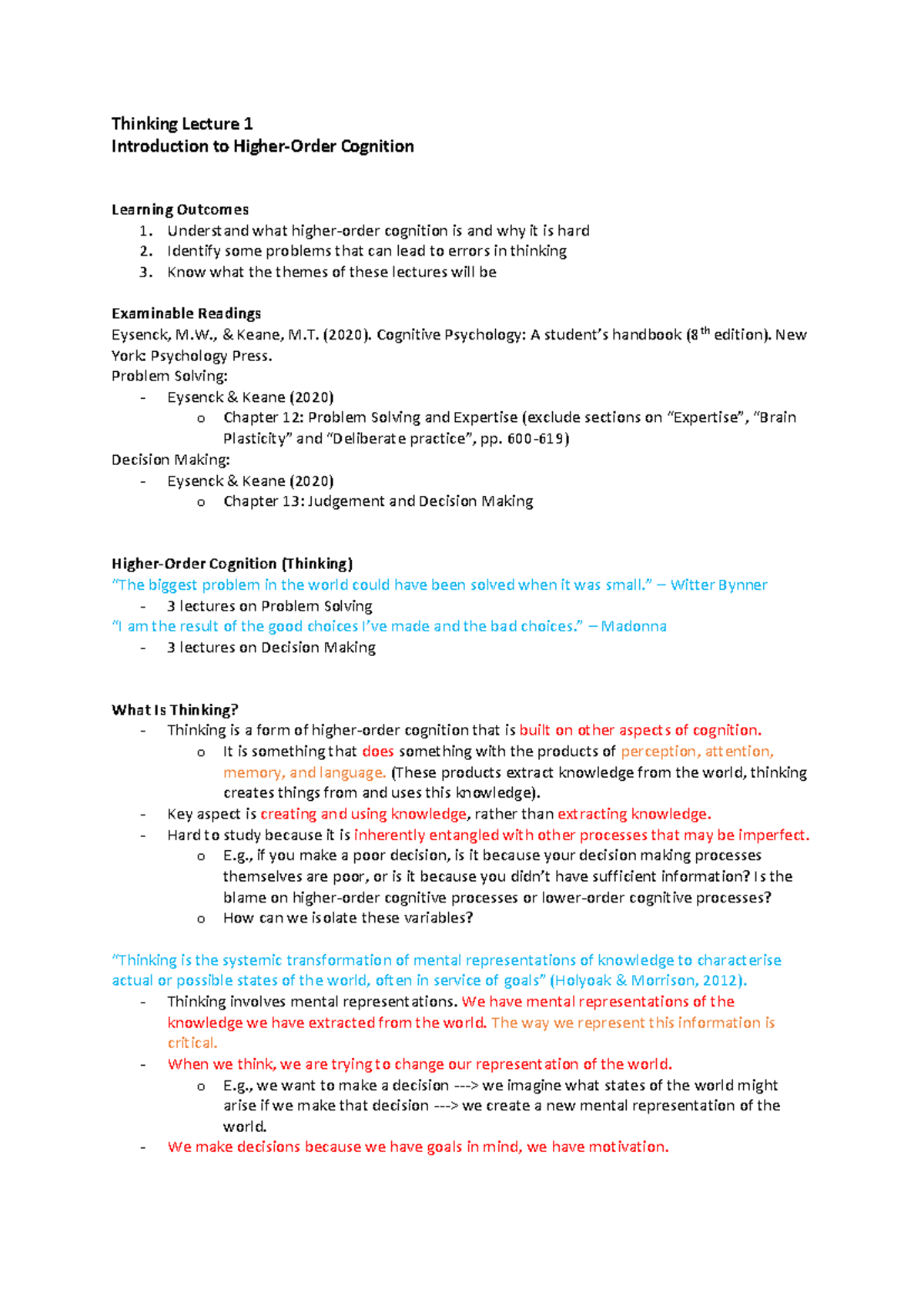 PSYC2016 - 2022 - Thinking Lecture 1 - Thinking Lecture 1 Introduction to Higher-Order Cognition ...