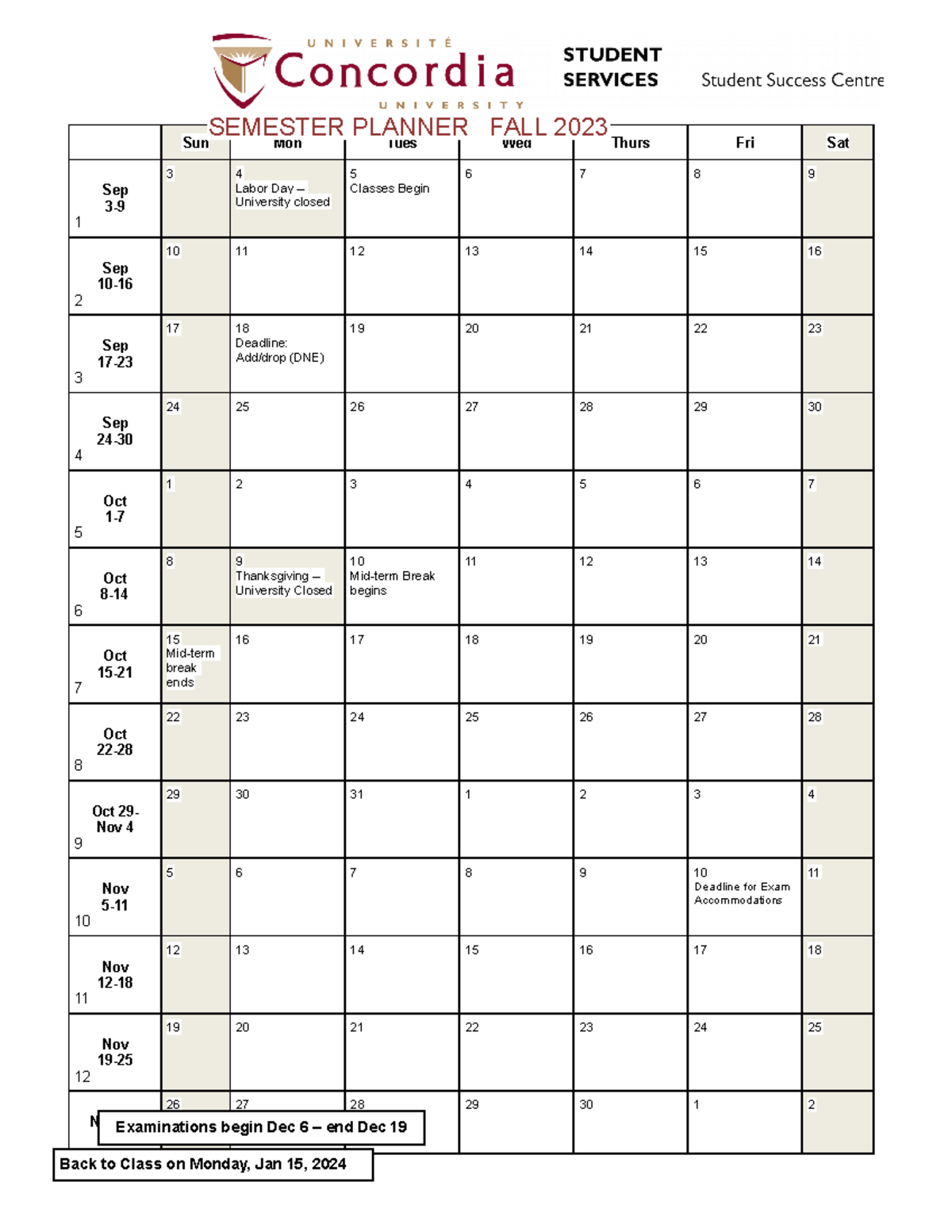 Fall 2023 Semester Planner comm205 - Sun Mon Tues Wed Thurs Fri Sat Sep ...