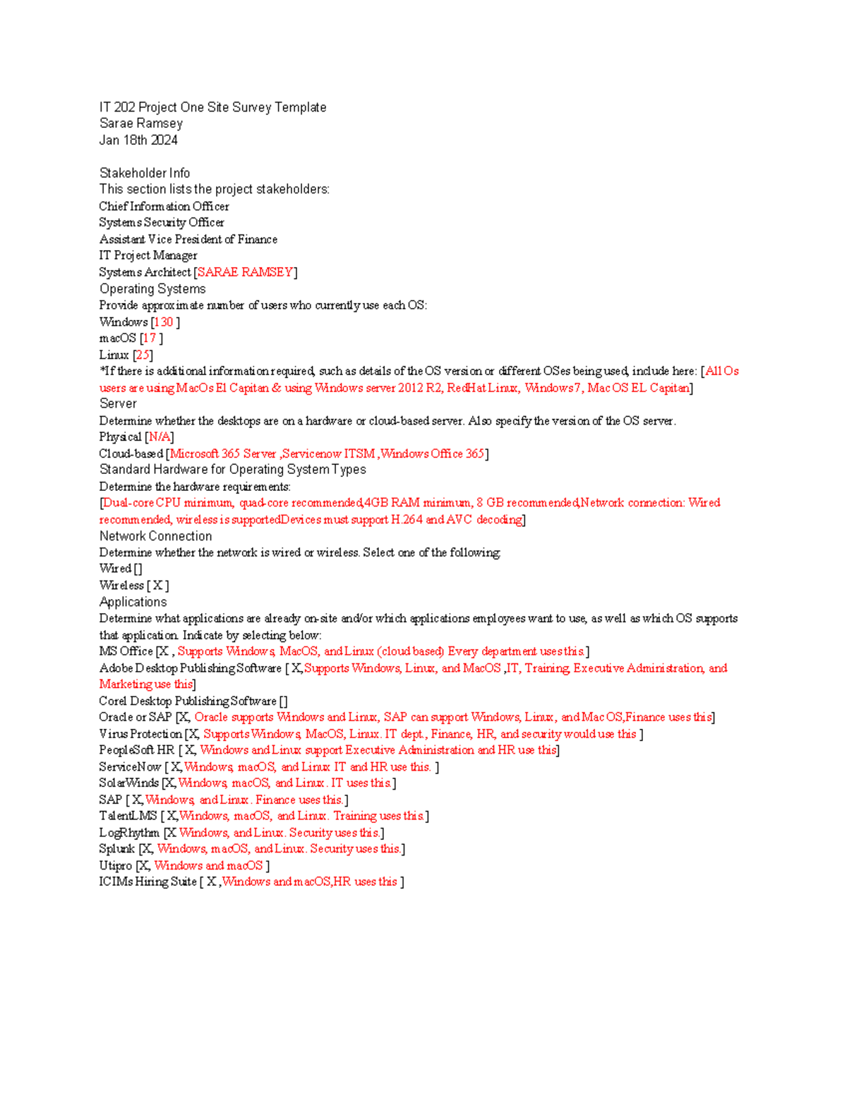 IT 202 Project One Site Survey - Also specify the version of the OS ...