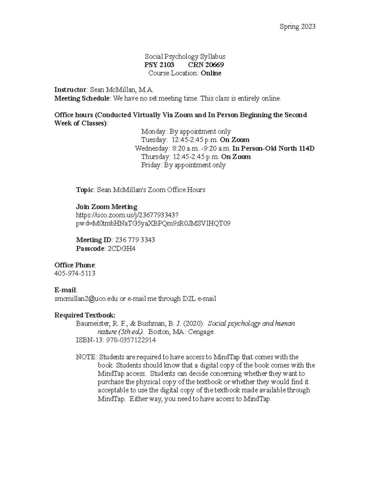 Social Psych Online 20669 Spring 2023 Syllabus - Social Psychology ...