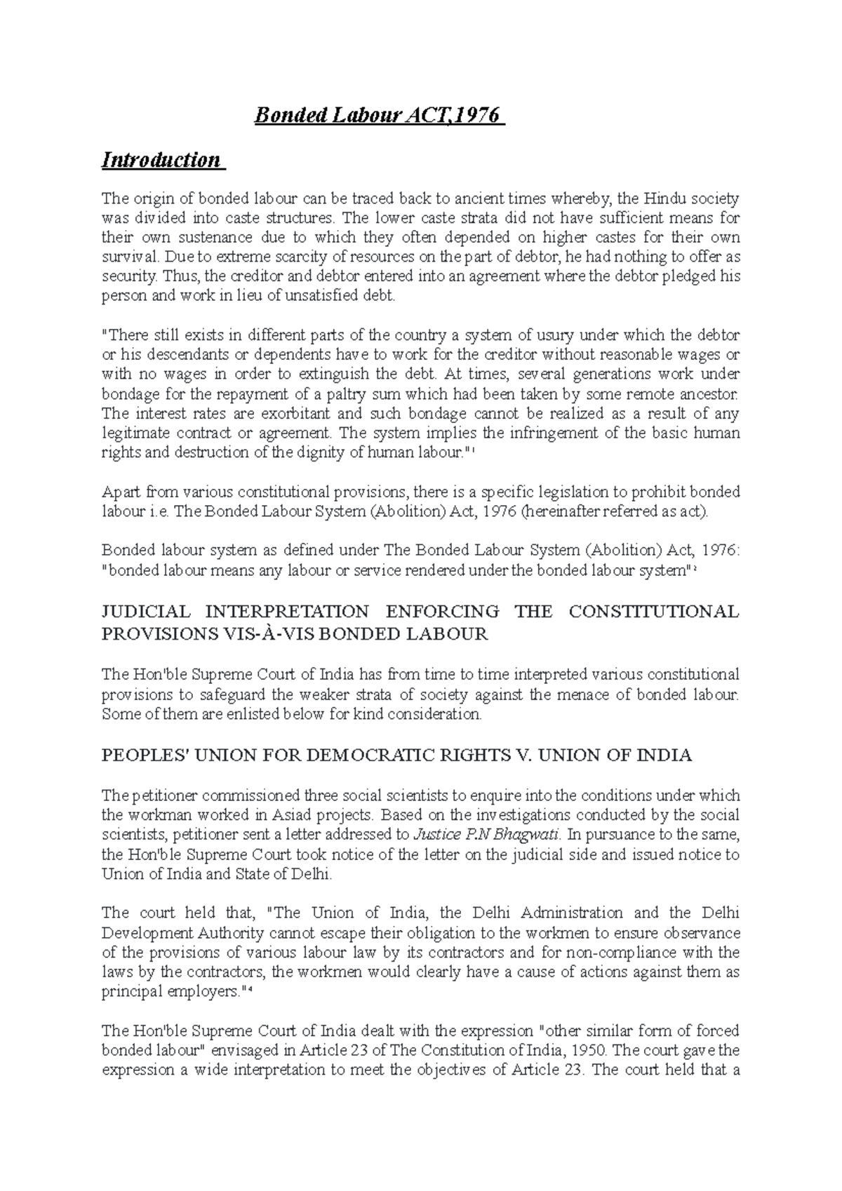 Bonded Labour act - Bonded Labour ACT, Introduction The origin of ...