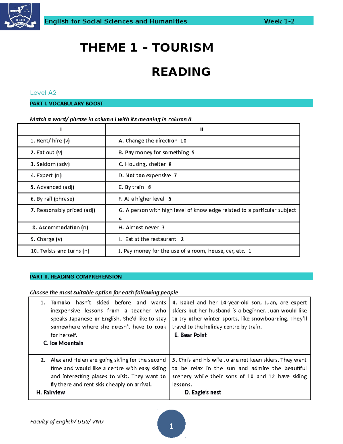 XHNV2 Handout Week 1-2 Tourism Reading - THEME 1 – TOURISM READING ...