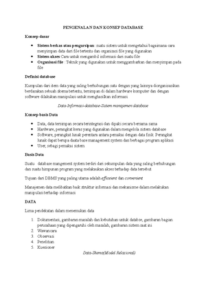 Ringkasan Materi Konsep Dasar Database - KONSEP DASAR DATABASE Konsep ...