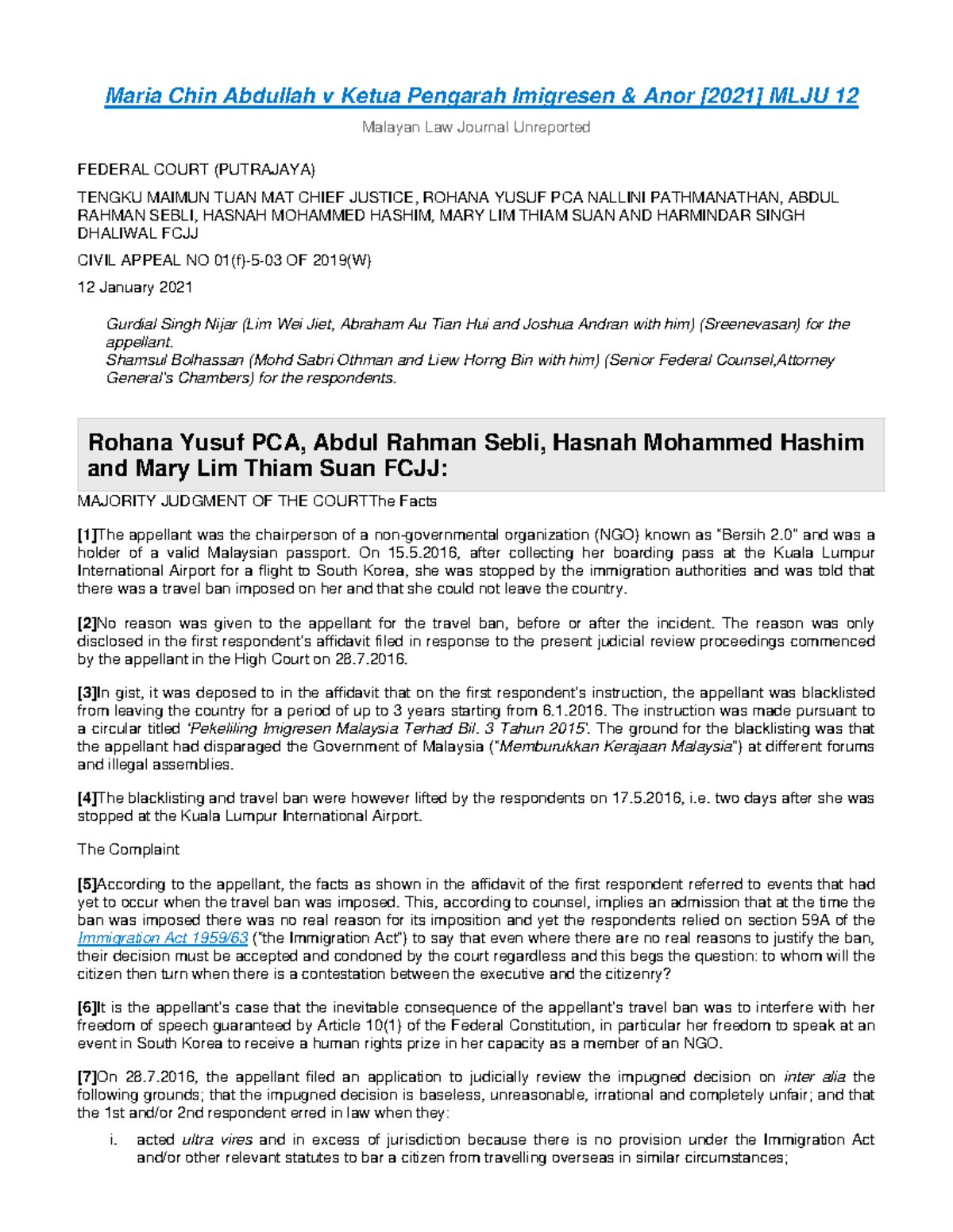 Maria Chin Abdullahv Ketua Pengarah Imigresen Anor[ 2021]MLJU 12 - Maria Chin Abdullah v Ketua ...