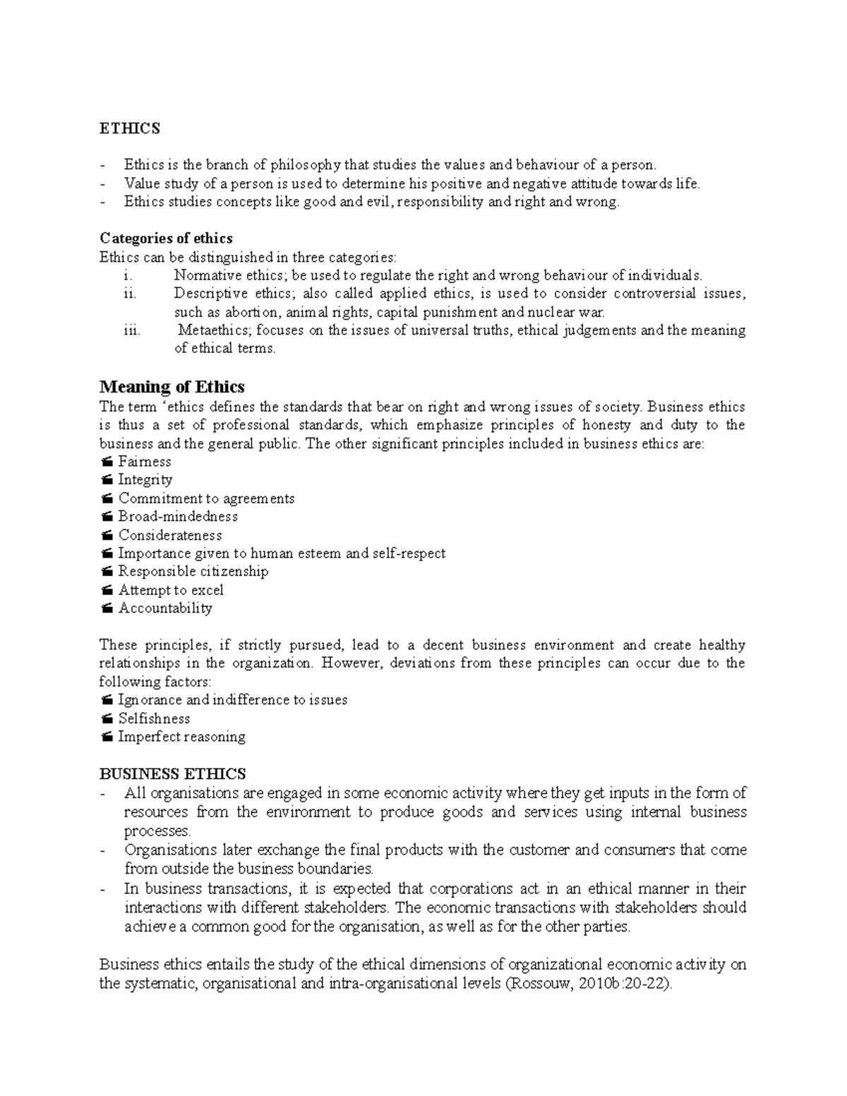 Handout- Ethics - CORPORATE GOVERNANCE - ETHICS Ethics is the branch of ...