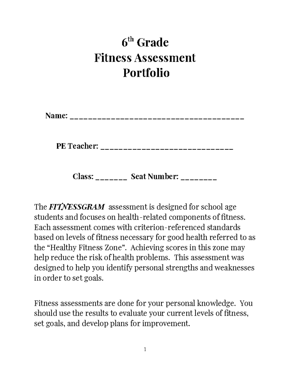 Copy of 6th Grade PE Portfolio - 6 th Grade Fitness Assessment ...