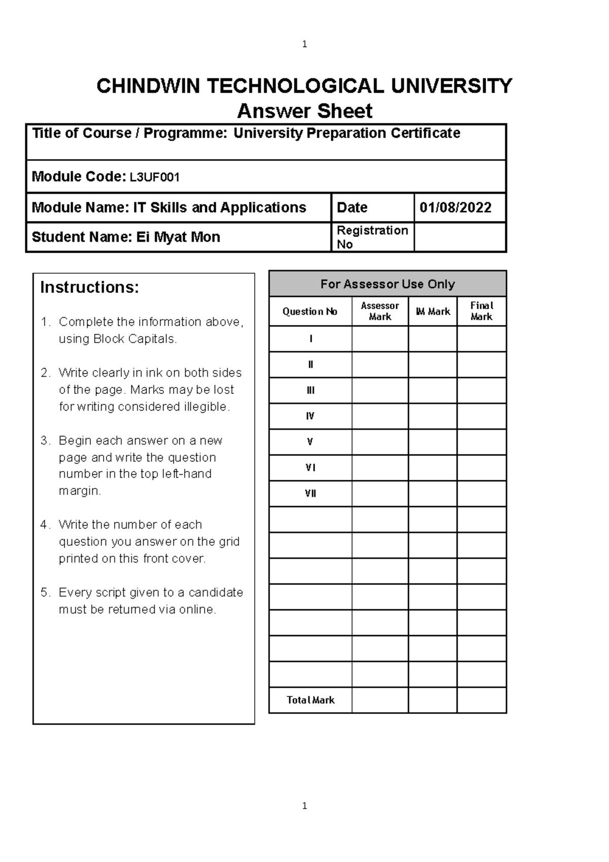 Unit 3 IT Skills and Applications Exam Answer Sheet -Dr Rosan 2 ...