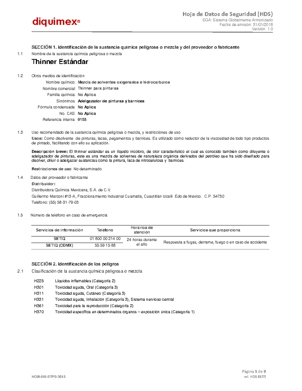 10.- HDS Thinner estandar - Hoja de Datos de Seguridad (HDS) SGA ...