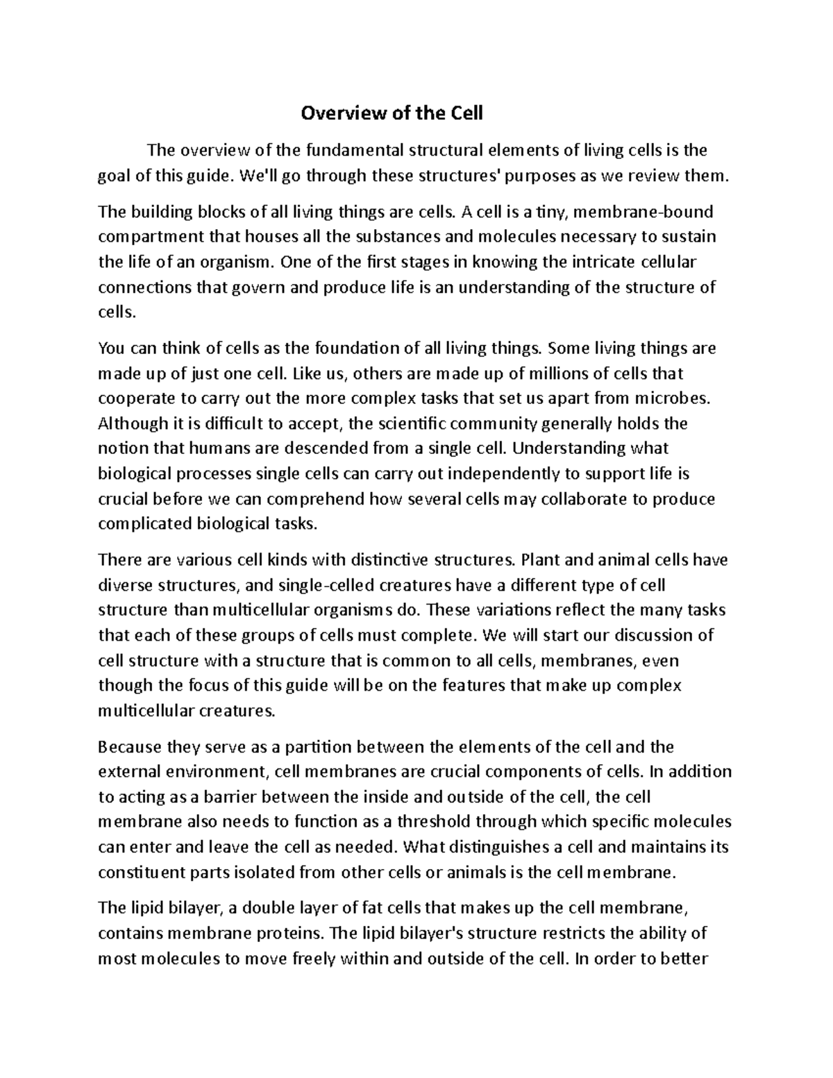 Biology 1 - notes - Overview of the Cell The overview of the ...