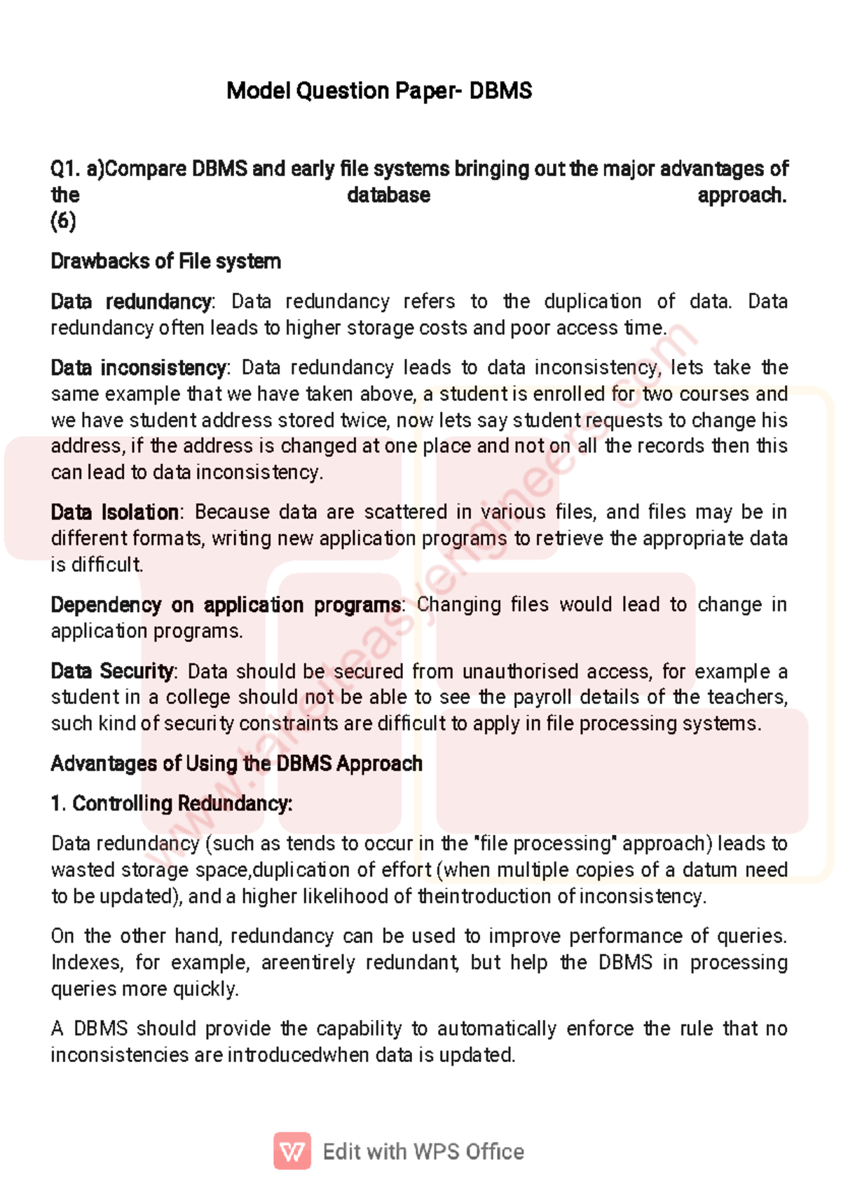 DBMS Model QP Answers (1) - ModelQuestionPaper-DBMS Q 1 - Studocu