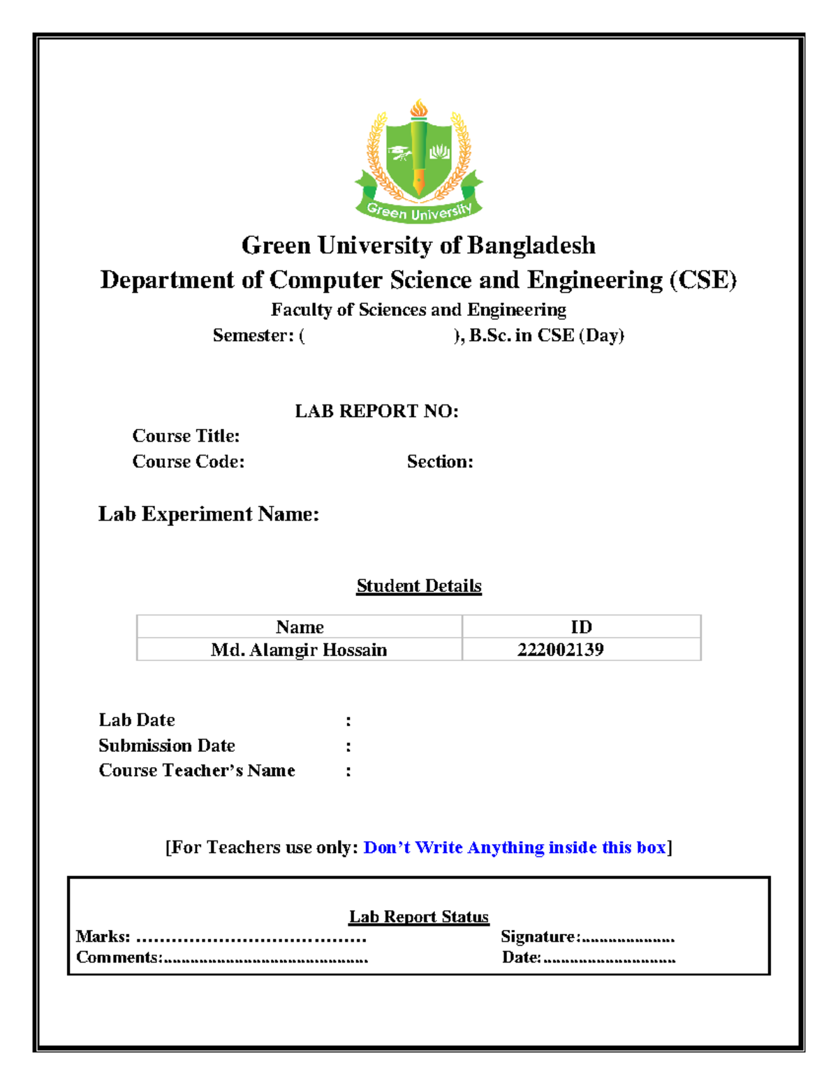 Lab report fornt Page - Green University of Bangladesh Department of ...