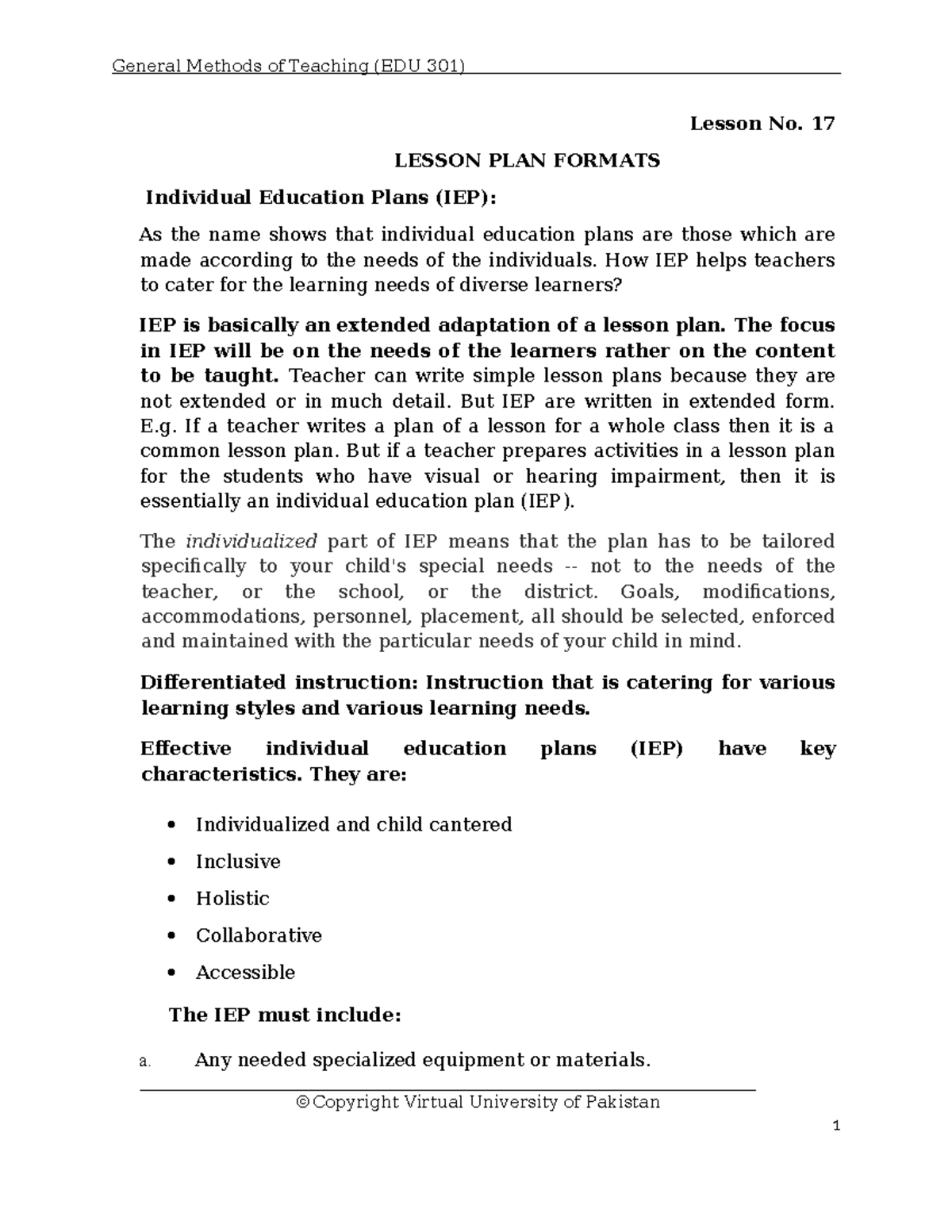 Lesson 17 - HANDOUTS - Lesson No. 17 LESSON PLAN FORMATS Individual ...