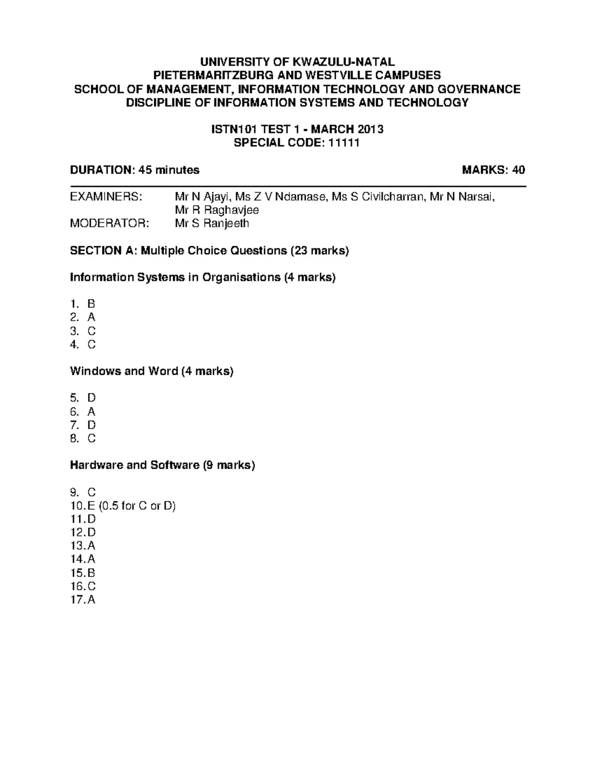ISTN101 Test 1 Section A Solution - UNIVERSITY OF KWAZULU-NATAL ...
