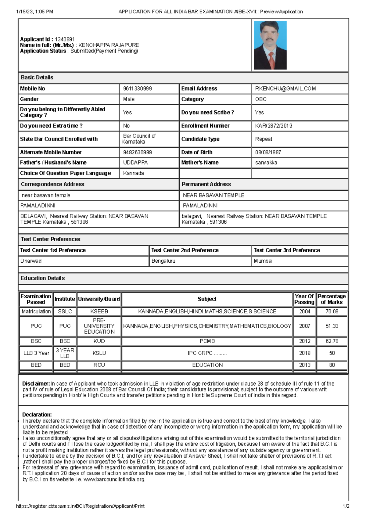 Application FOR ALL India BAR Examination AIBE-XVII Preview Application - 1/15/23, 1:05 PM - Studocu
