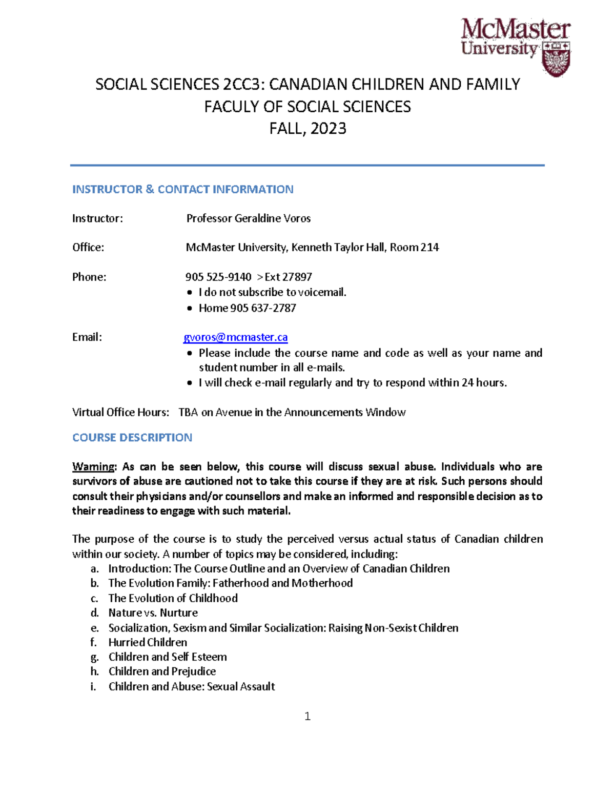 Socsci 2cc3 course outline - SOCIAL SCIENCES 2CC3: CANADIAN CHILDREN ...
