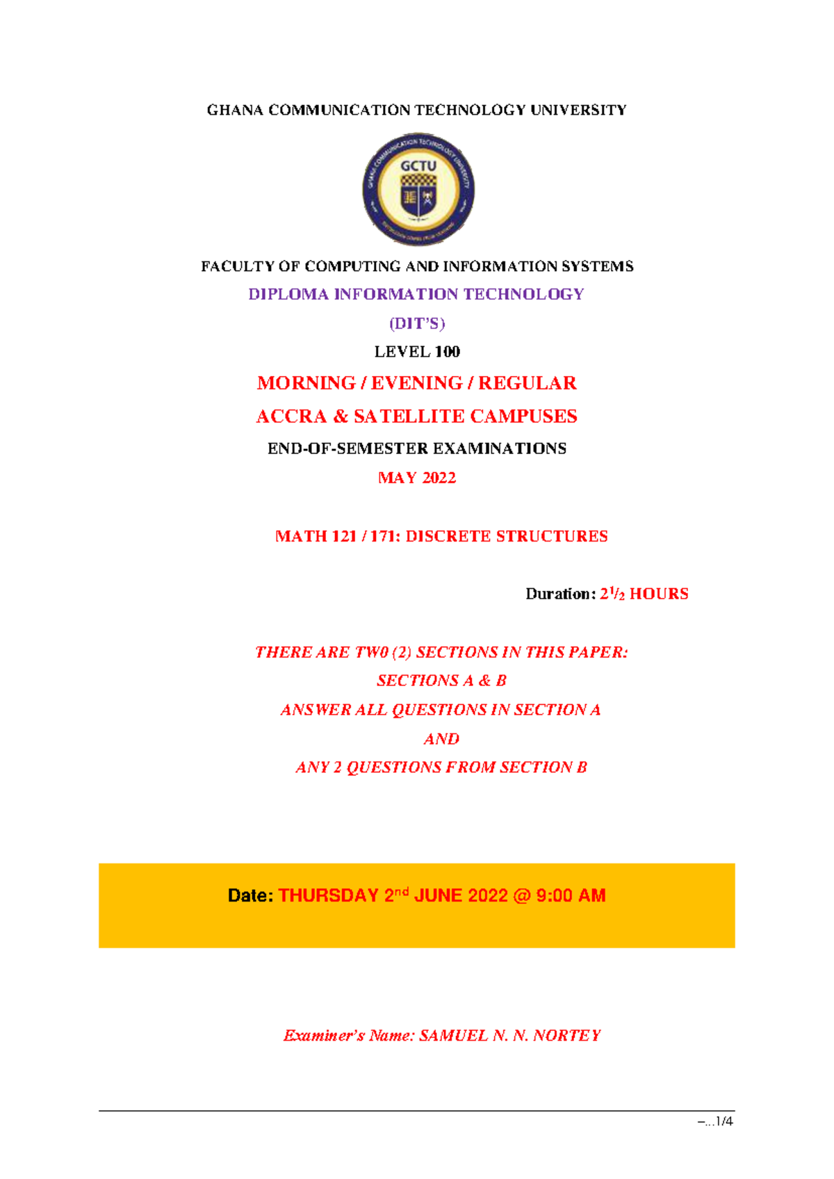 1st Semester End of Sem Exams for Discrete Structures May 2022 DIT ...