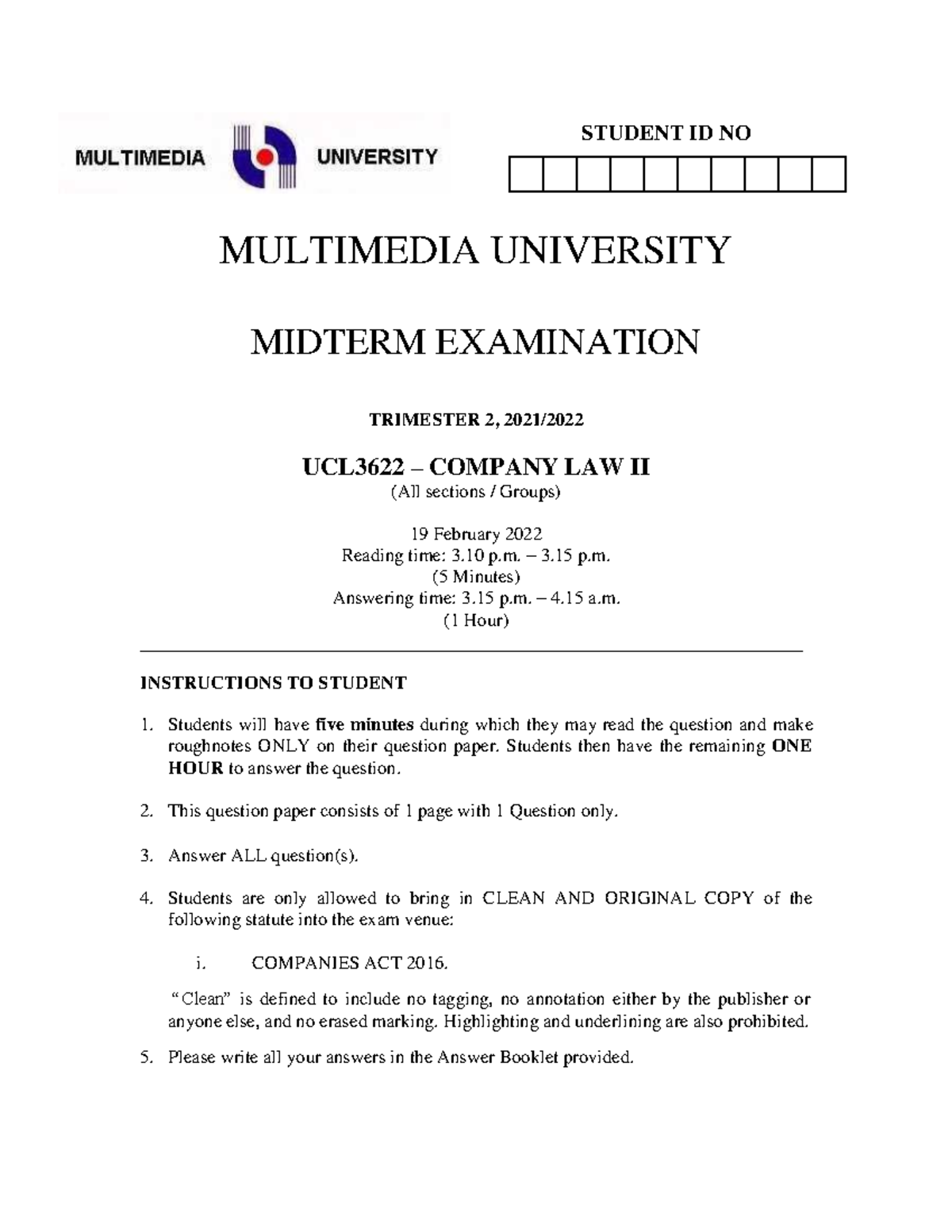 Mid Term Exam Question UCL3622 TRI 2120 - STUDENT ID NO MULTIMEDIA ...