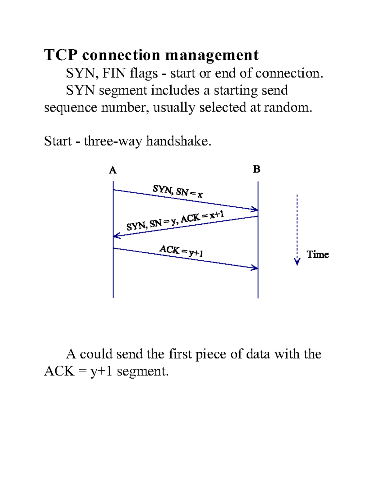 L34 - Lecture 34 - TCP connection management SYN, FIN flags - start or end of connection. SYN ...