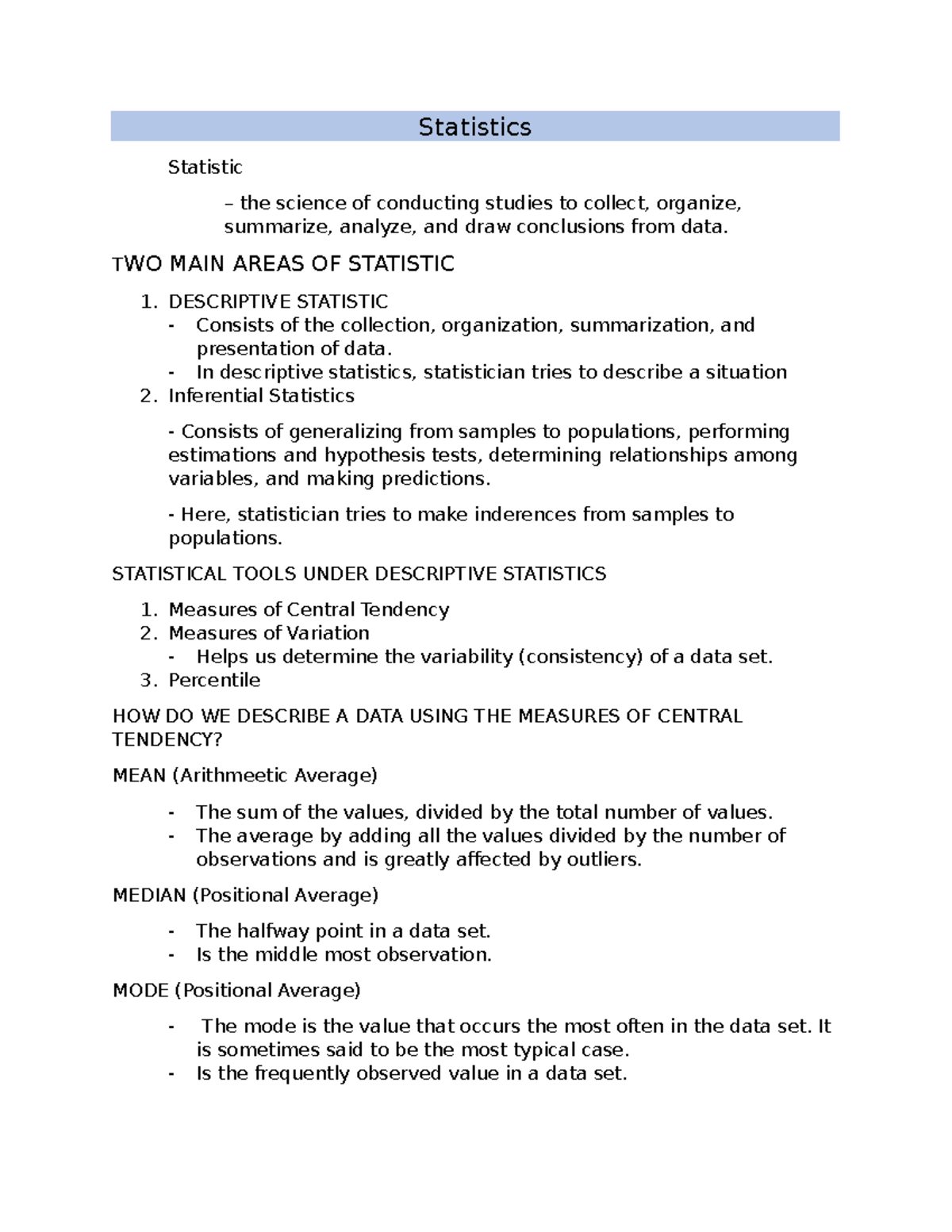 Grade 10 S.Y. 2023-2024 Reviewer - Statistics Statistic – the science ...