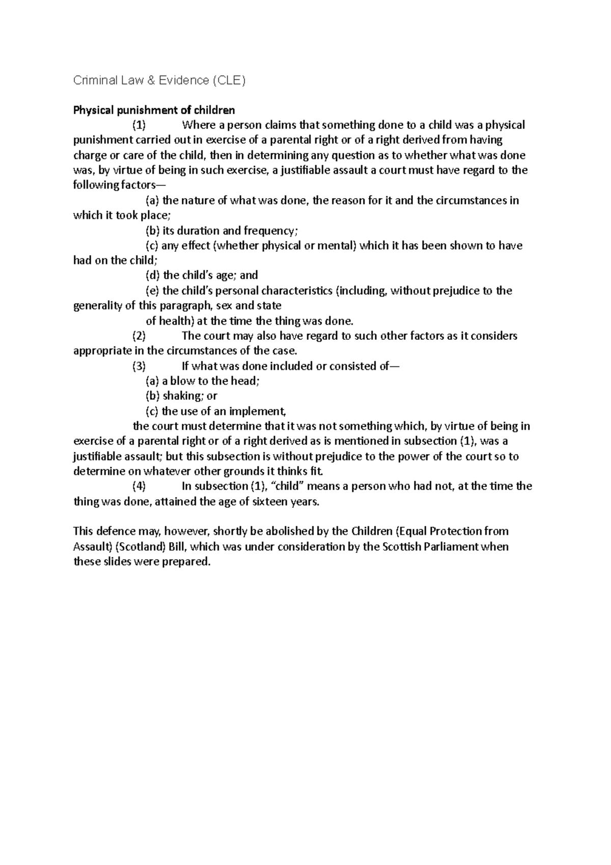 CLE Physical punishment of children - Criminal Law & Evidence (CLE ...