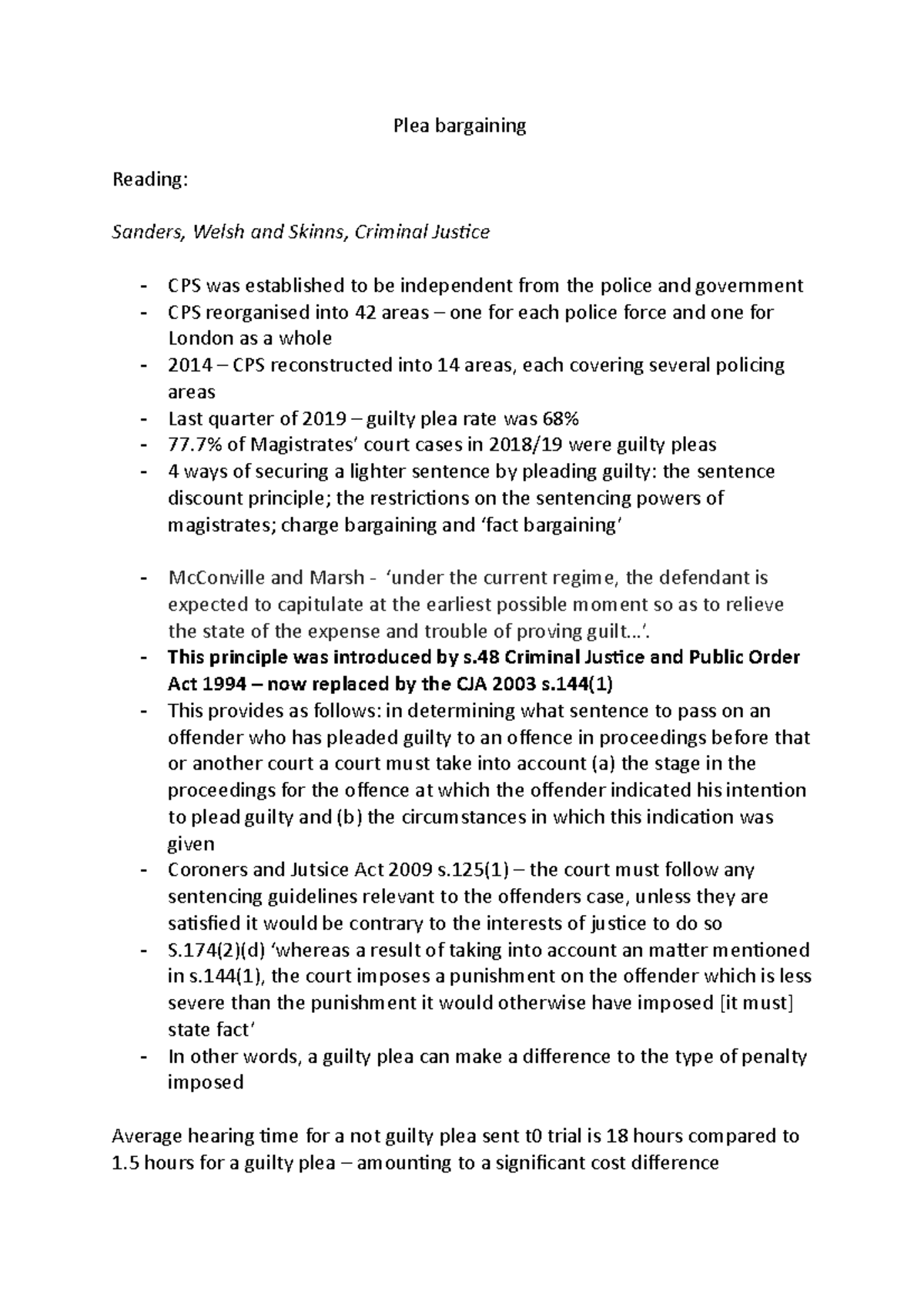 Plea bargaining - Plea bargaining Reading: Sanders, Welsh and Skinns ...