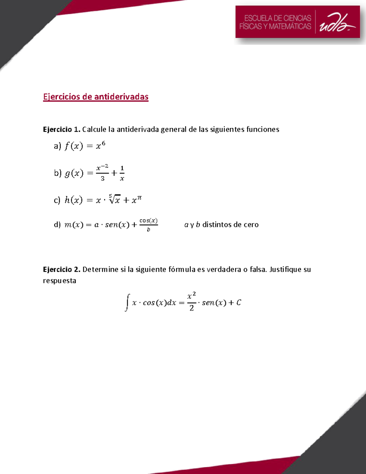 Clase#1 Ejercicios de Antiderivadas - Cálculo en una Variable ...