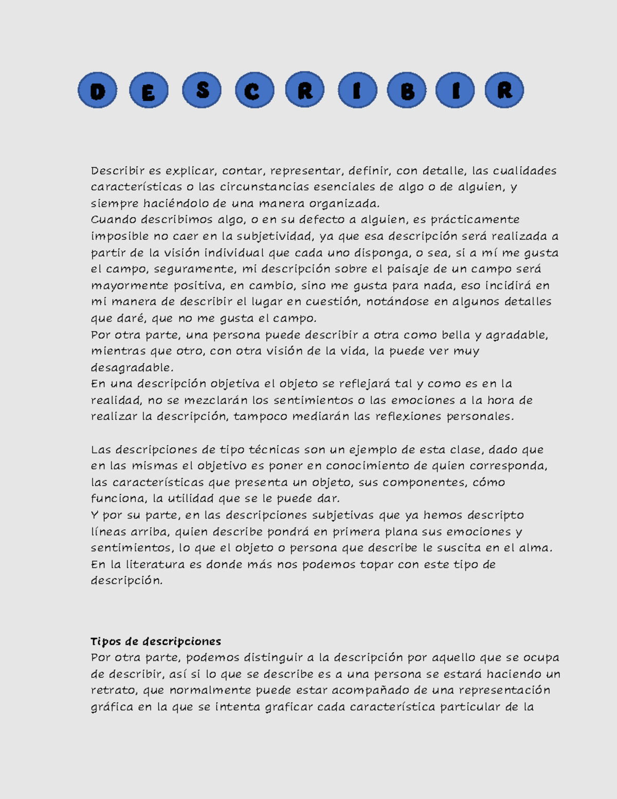 Definición de describir - Describir es explicar, contar, representar ...