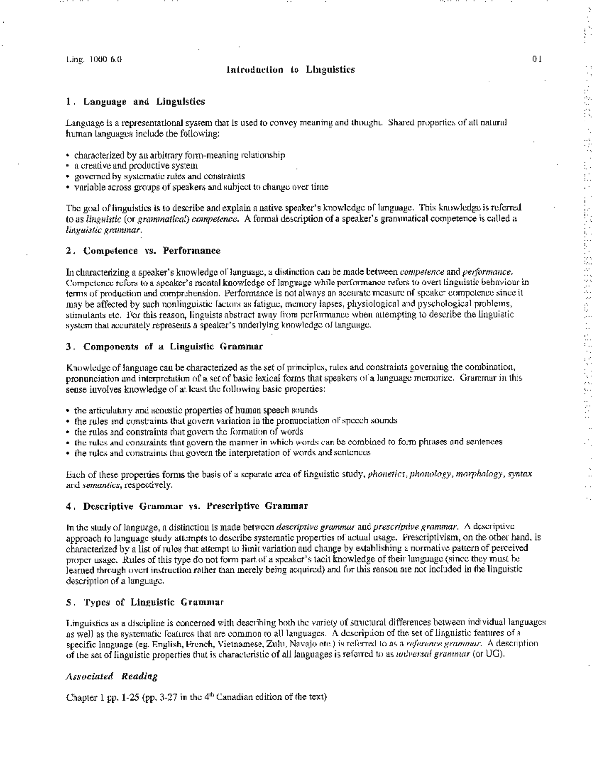 Summary Handout 01 - Ling. 1000 6 01 Introduction to Linguistics 1 ...