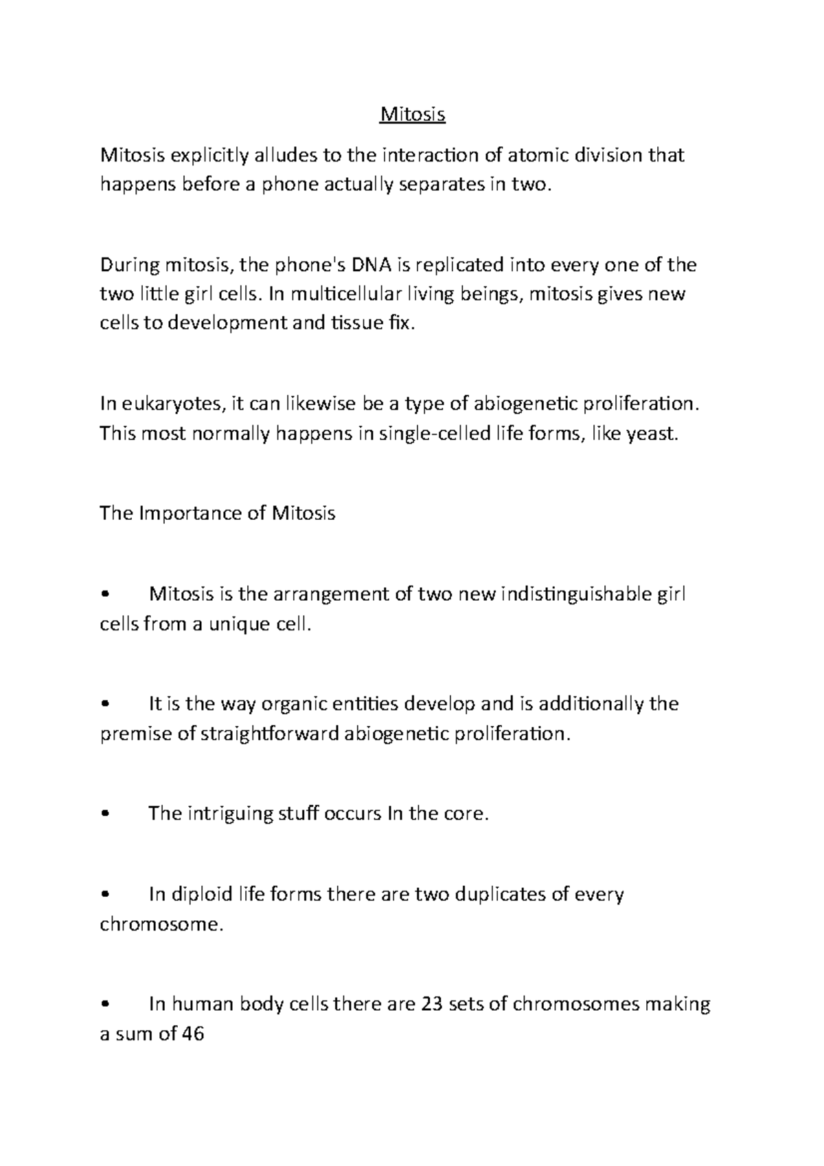 Mitosis - Notes in biology A Level OCR A - Mitosis Mitosis explicitly ...