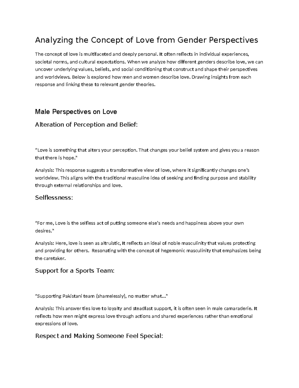 Assignment - Good. - Analyzing the Concept of Love from Gender ...