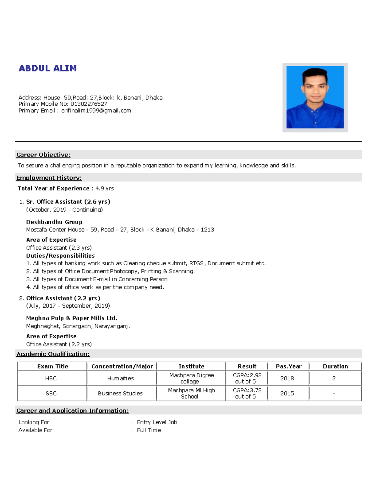 Abdul Alim CV - please sent it asap - ABDUL ALIM Address: House: 59 ...