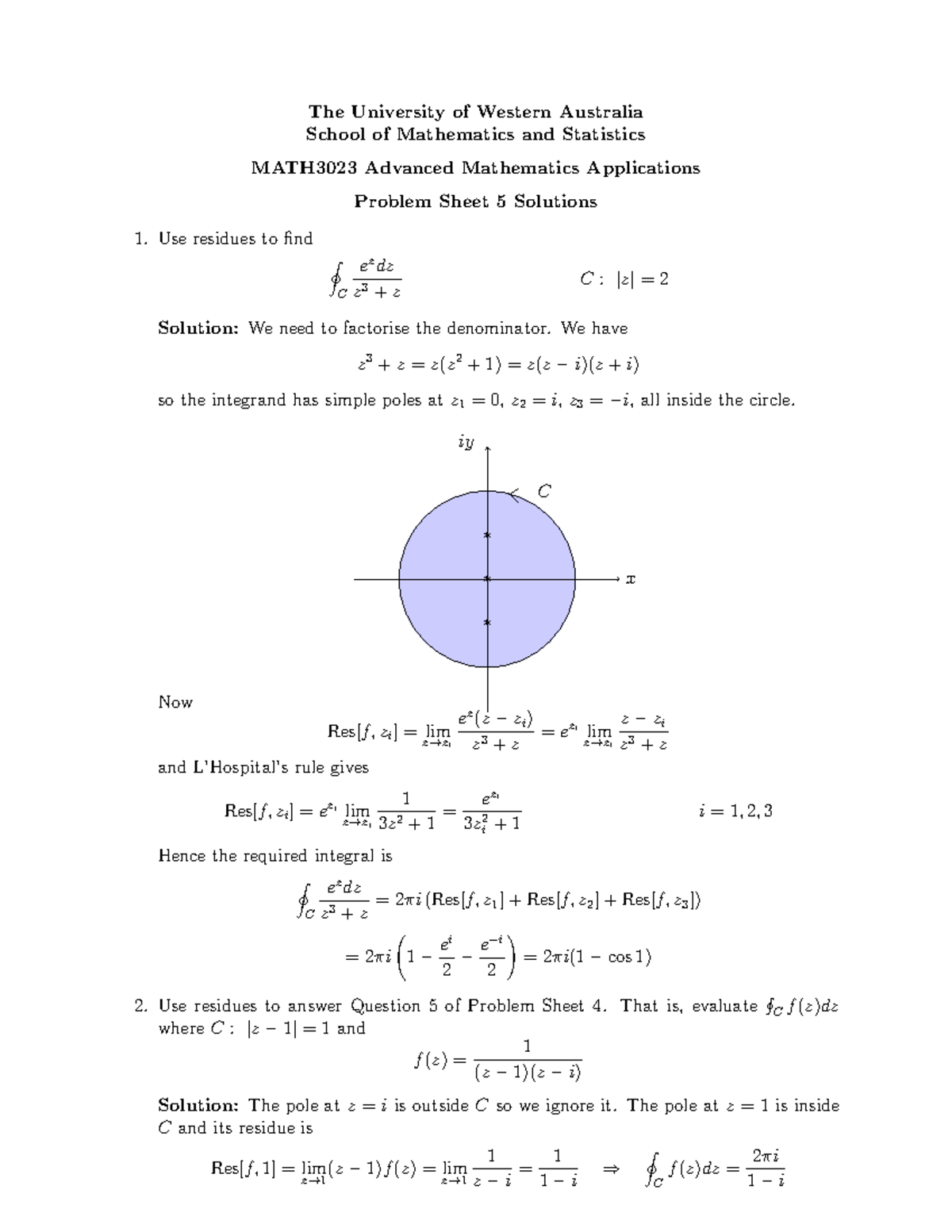 Problem Sheet 5 Solutions - The University of Western Australia School of Mathematics and ...