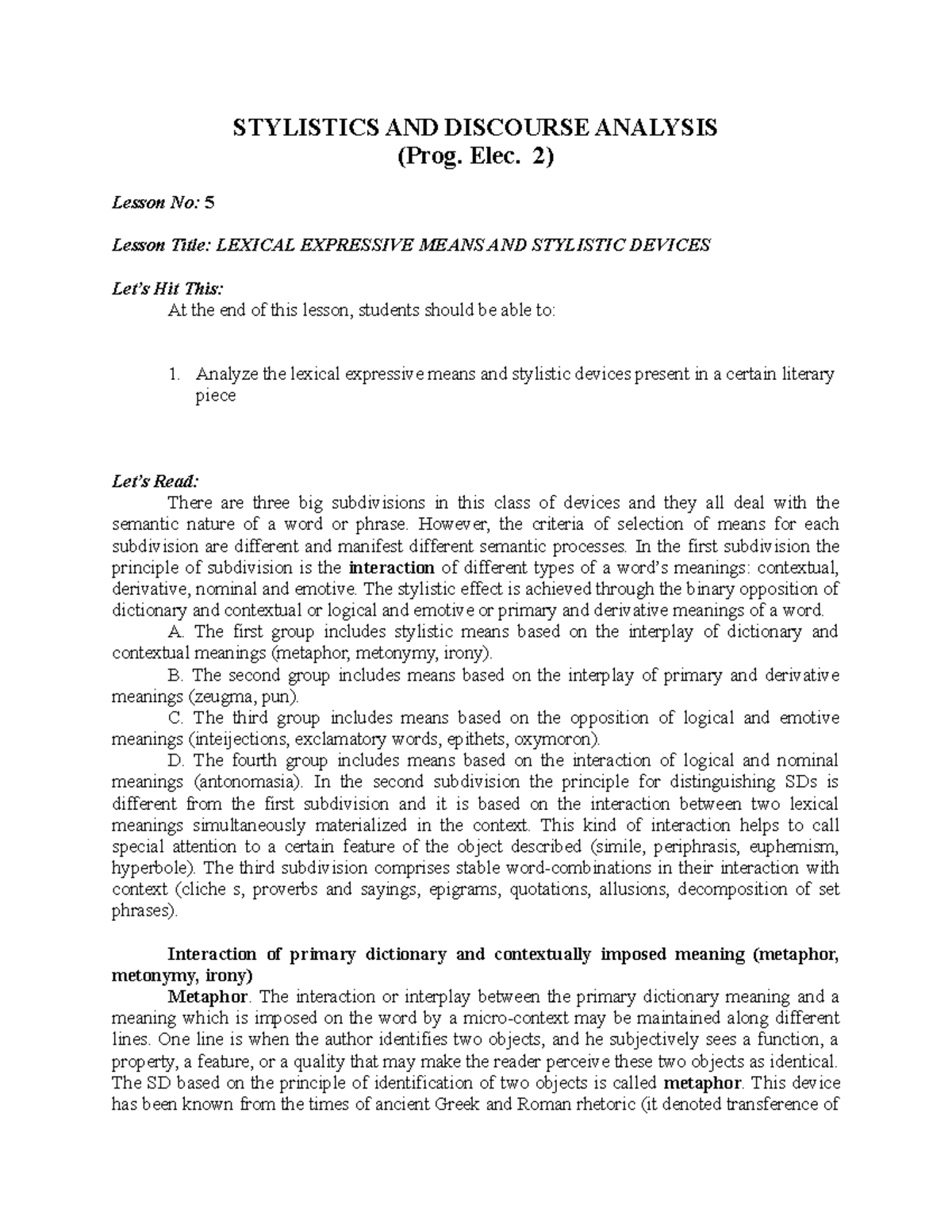 Stylistics-Lesson 5 - Stylistic - STYLISTICS AND DISCOURSE ANALYSIS ...