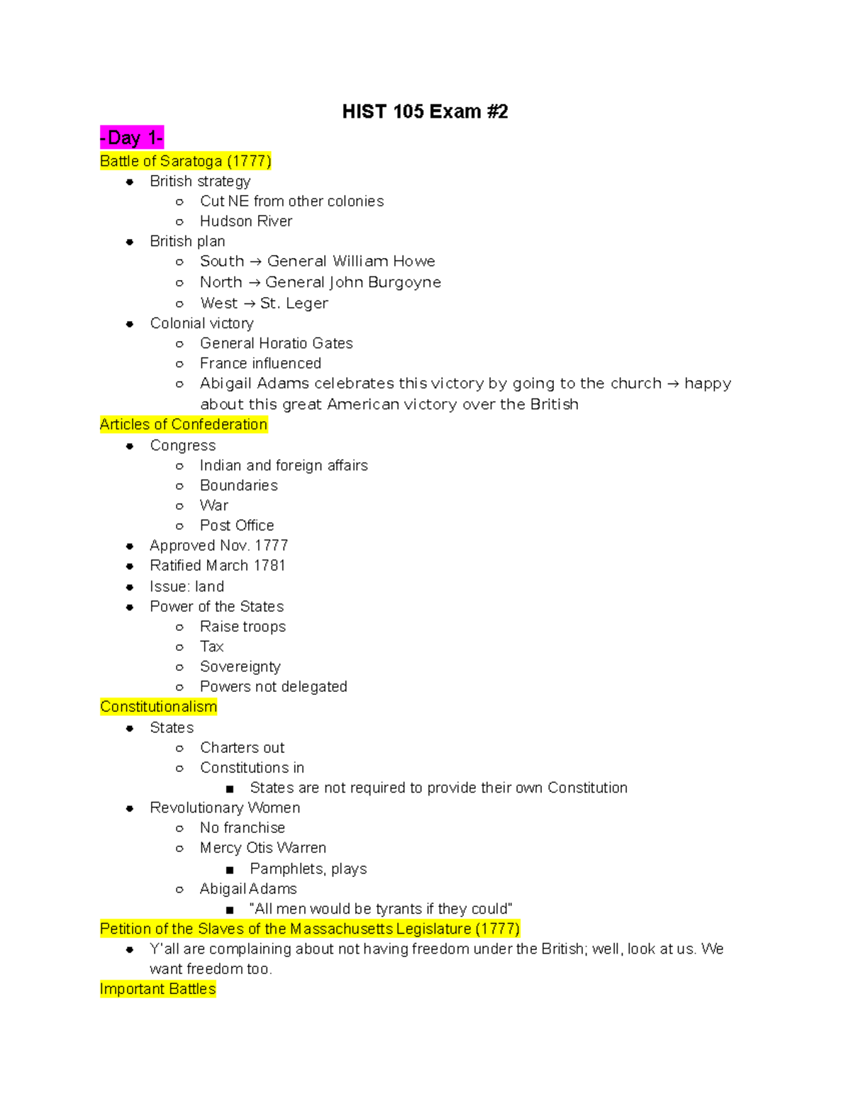 HIST 105 Exam #2 - Lecture notes All lecture notes after exam 1 up ...