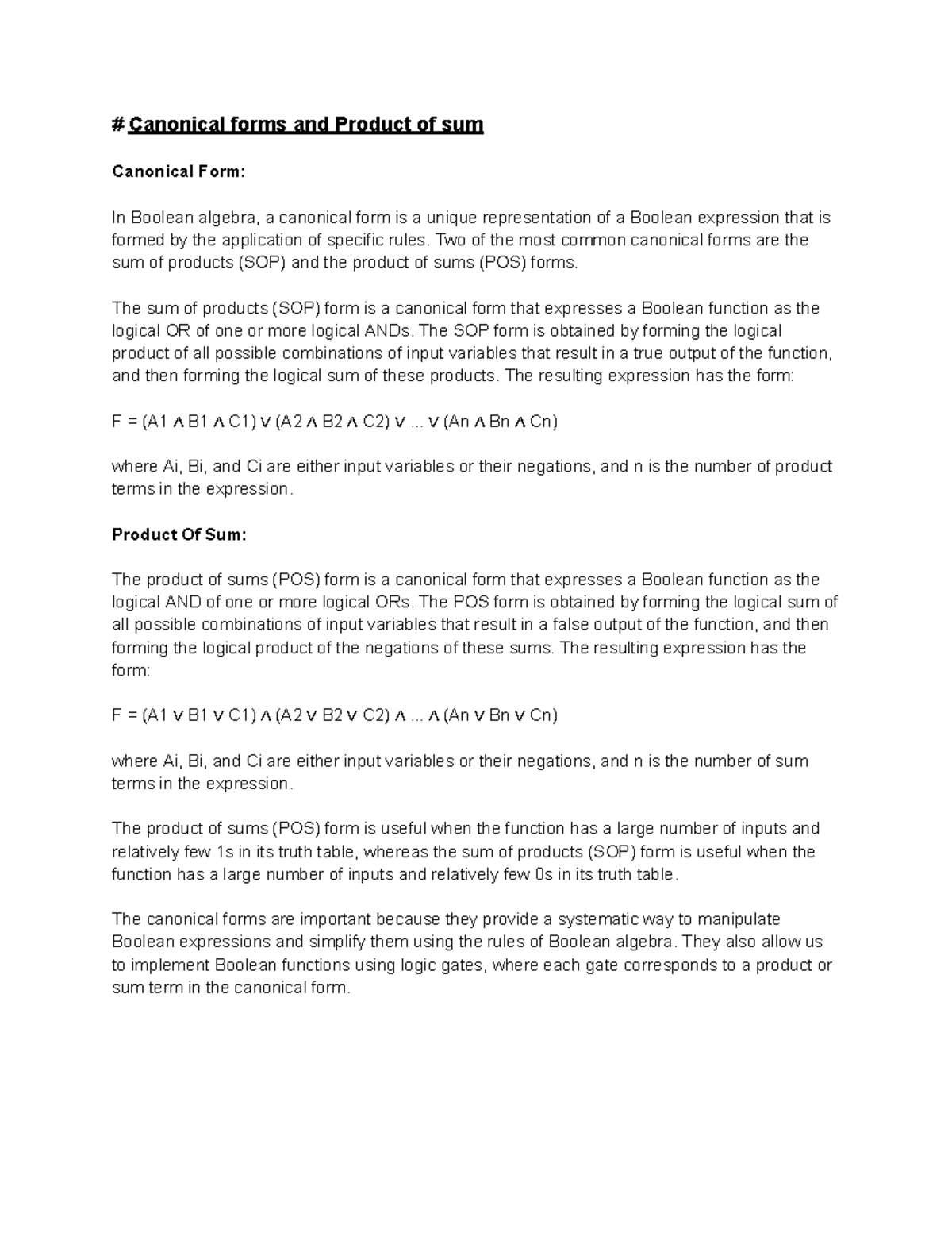 Canonical forms and Product of sum Class Notes - # Canonical forms and ...