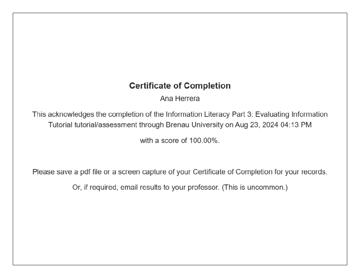 Certificate of Completion Information Literacy Part 3 Evaluating ...
