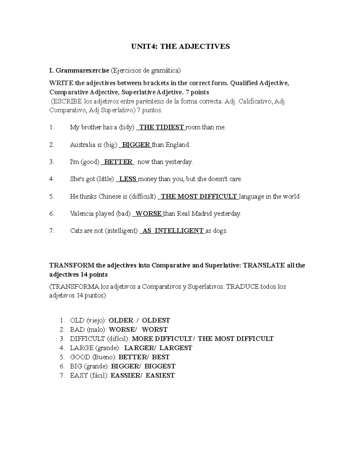 UNIT4 - actividades - UNIT4: THE ADJECTIVES I. Grammarexercise ...
