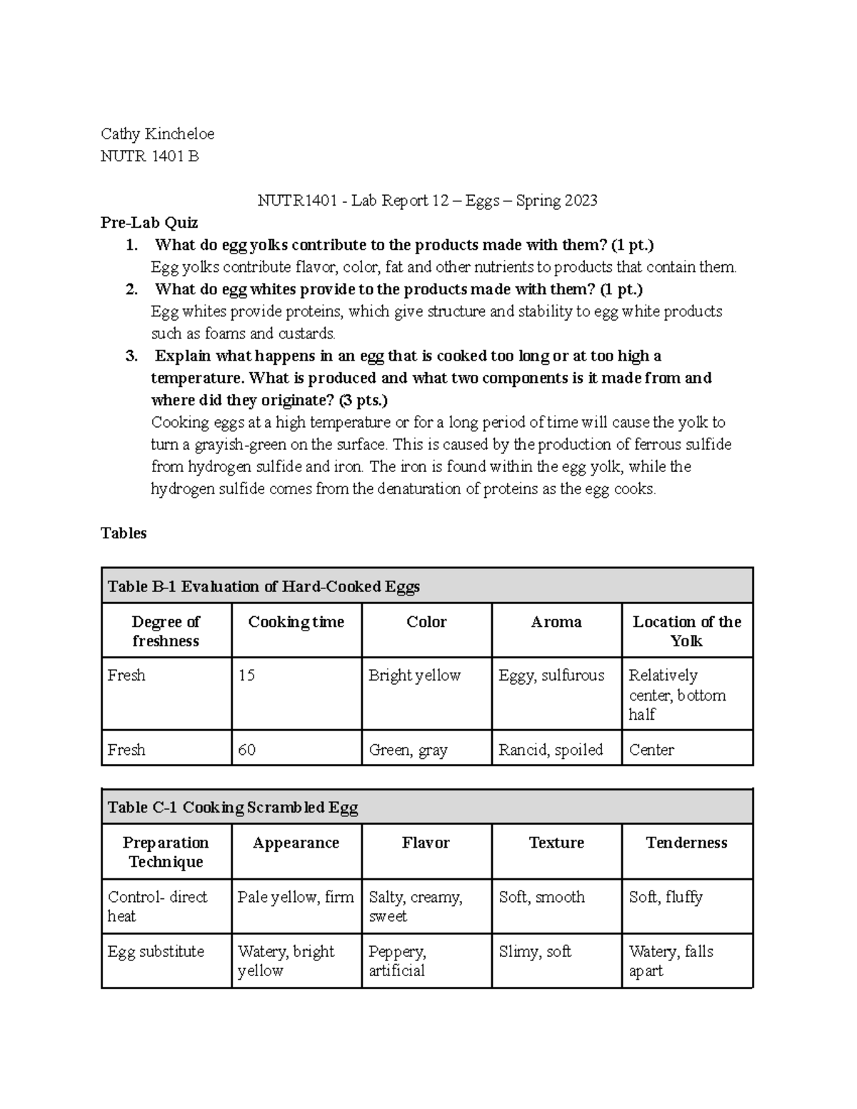 Lab #12 - Data and Lab Report on the properties of eggs and their ...