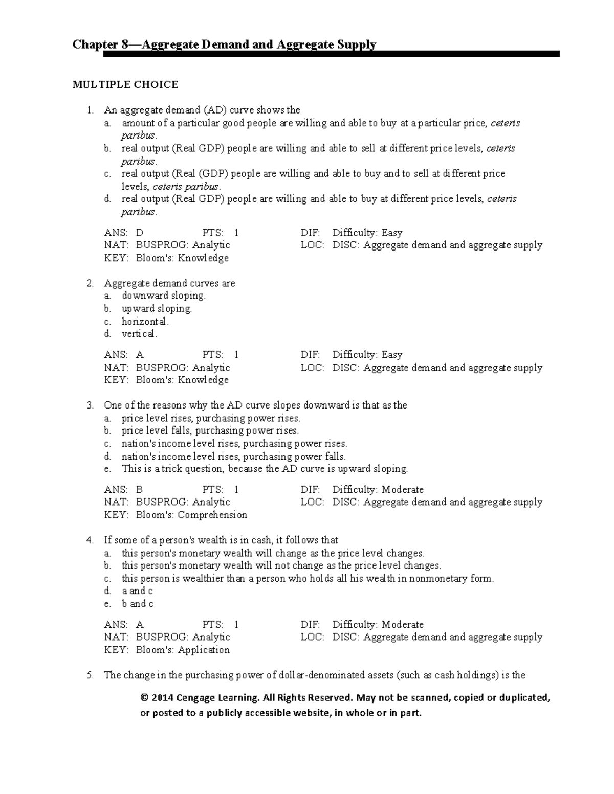 Macro ADAS - exercise - © 2014 Cengage Learning. All Rights Reserved ...